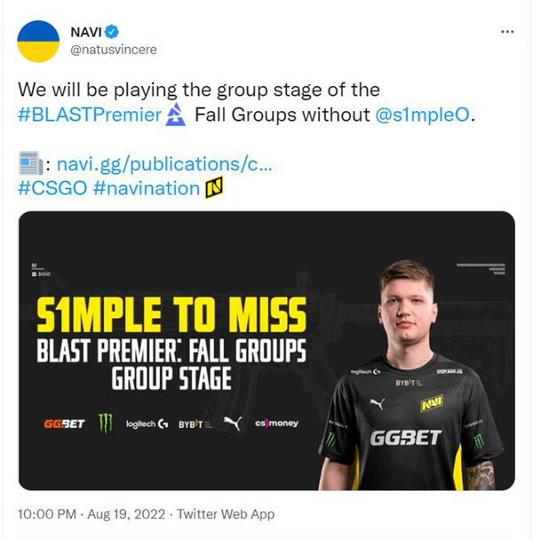【CS:GO】NaVi正式确认s1mple将缺席BLAST秋季小组赛-3楼猫